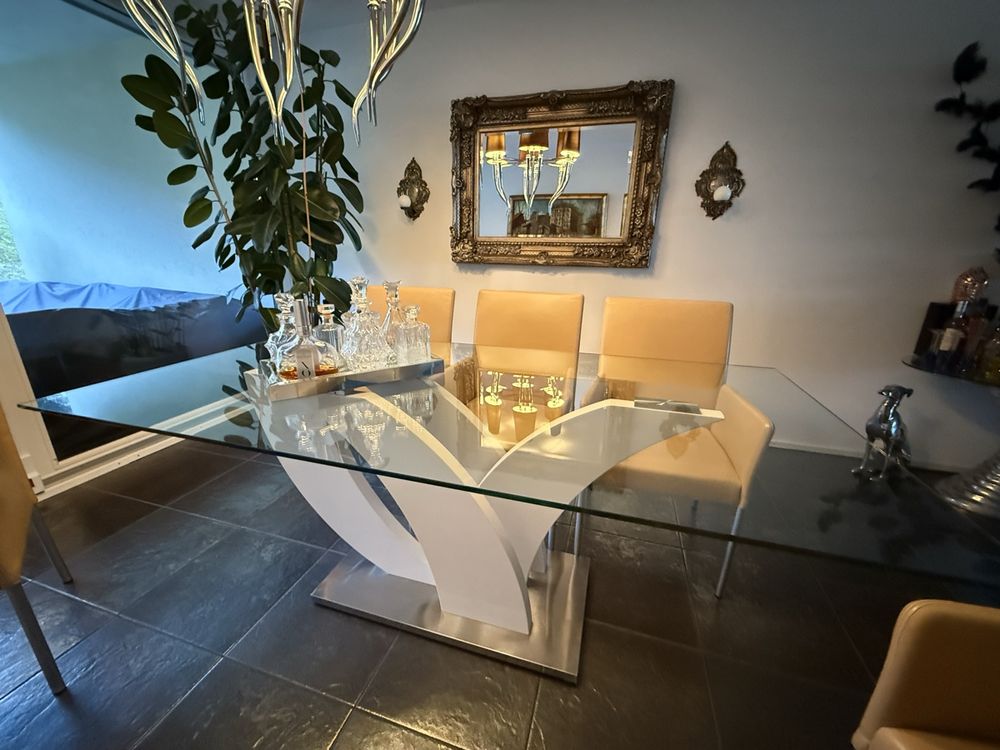 Designer Esstisch weiss mit Glasplatte, Chromstahl Fuss (Gebraucht) in ...