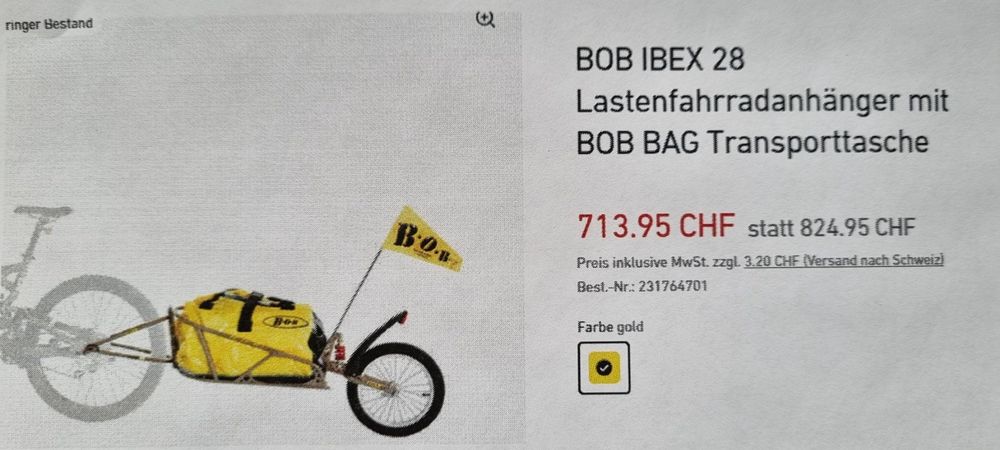 Fahrradanhänger BOB IBEX (Gebraucht) in Ittigen für CHF 380 – nur ...