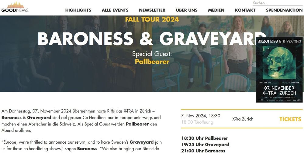 Konzertticket BARONESS / GRAVEYARD / PALLBEARER im X-tra ZH (Neu ...