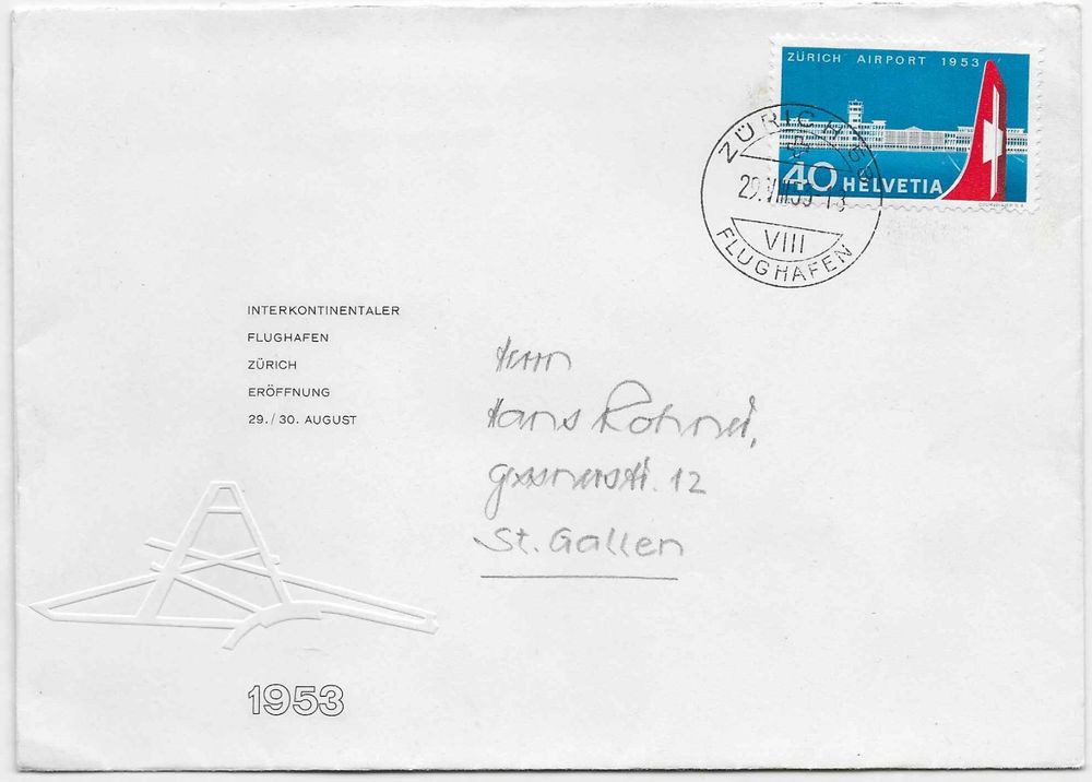 1953: FDC Flughafen Zürich Nr.313 (Gebraucht) in Walperswil für CHF 1 – mit Lieferung auf ...