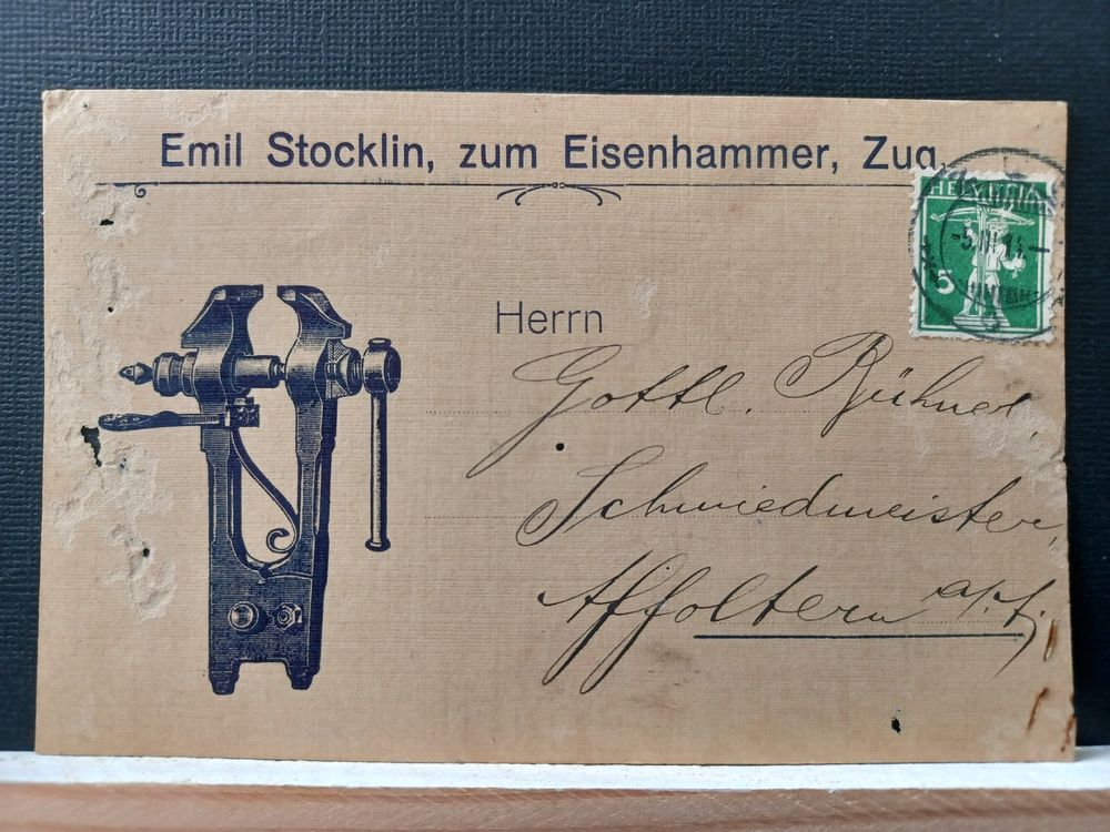 Ganzsache, Emil Stöcklin, zum Eisenhammer, Zug, 1914 gel. (Gebraucht) in Aarau Rohr für CHF 3 ...