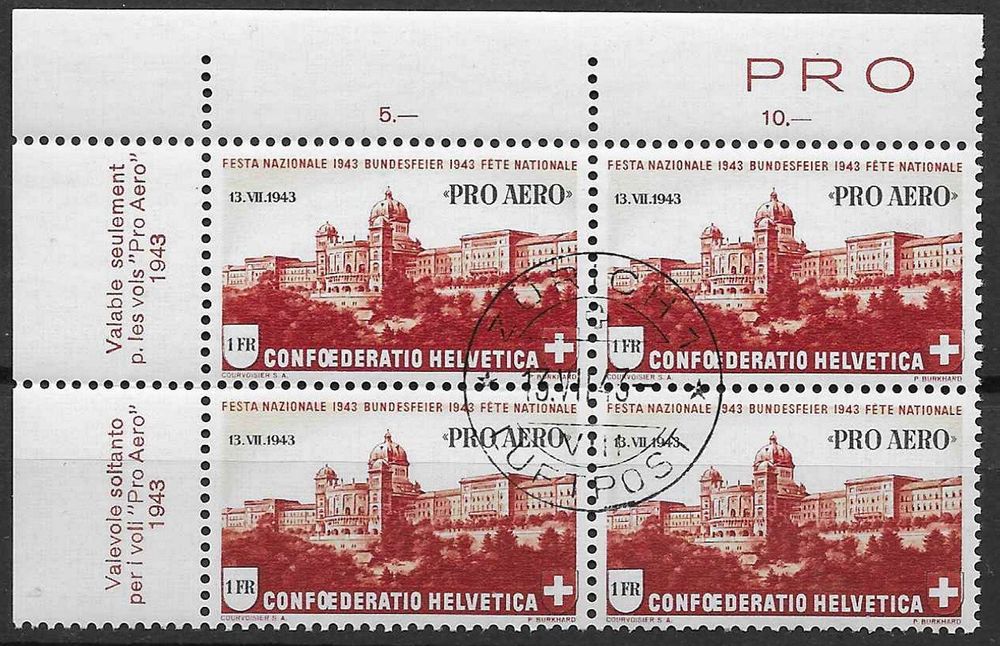 1943: Flugpost Pro Aero Viererblock Nr.F36 Zürich (Gebraucht) in Walperswil für CHF 9 – mit ...