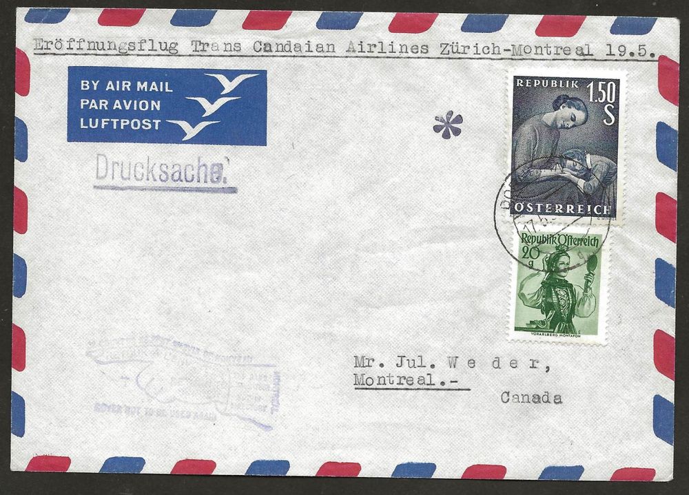 Flugpost Schweiz 1958 Zürich Montreal ab Österreich Luftpost (Gebraucht) in Au ZH für CHF 35 ...