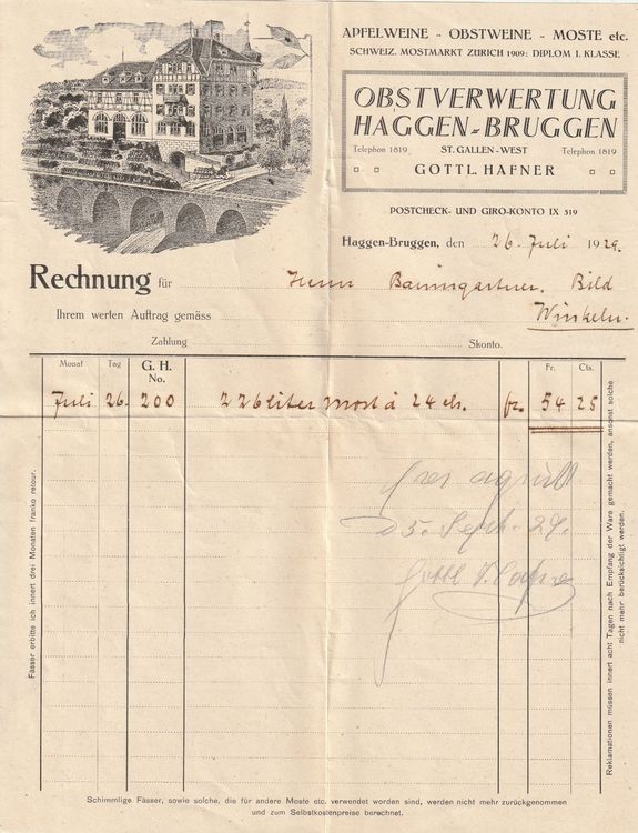 Rechnung Haggen - Bruggen 1929 Obstverwertung Hafner (Gebraucht) in Rorschacherberg für CHF 12 ...