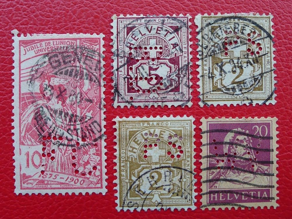 1882-1920: Lot Perfin (Firmenlochungen) UPU 1900, Wertziffer (Gebraucht) in Sursee für CHF 8.5 ...