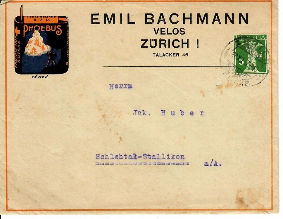 Brief, Emil Bachmann Velos Zürich 1917/mit Batterie Reklame (Gebraucht ...