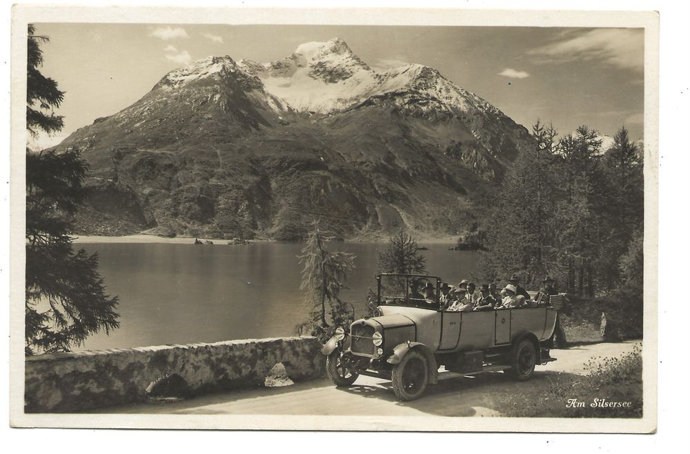 Am Silsersee (GR) Engadin - offenes Saurer Postauto um 1925 (Gebraucht) in Engelburg für CHF 11. ...