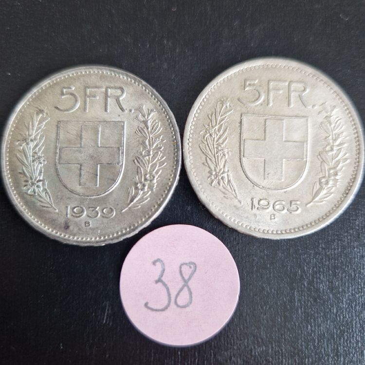 2 Silbermünzen 5 Franken 1939 & 1965 Schweiz (Gebraucht) in Stans für CHF 25 – mit Lieferung auf ...