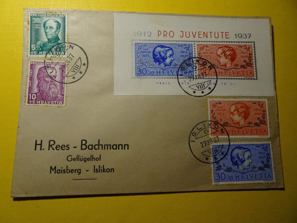 29.XII.37. ISLIKON H. REES; PRO JUVENTUTE BLOCK SCHMUCKBRIEF | Kaufen ...
