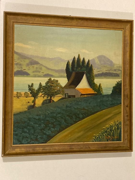 Rob. Stocker Landschaftsgemälde mit See, Gebäuden und Wiese (Gebraucht ...