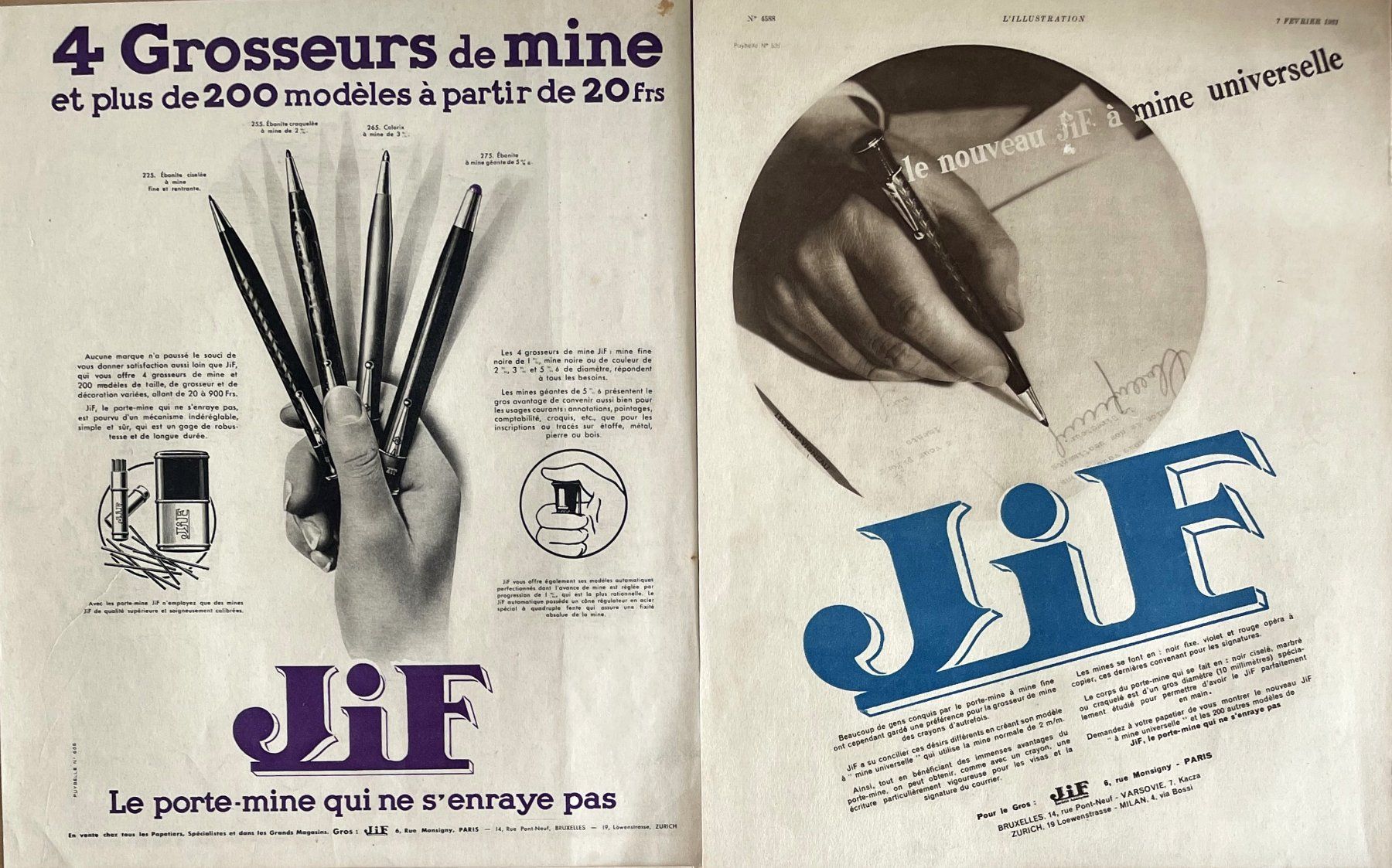 Jif Bleistift - 4 alte Werbungen / Publicités 1931/32 (Gebraucht) in ...