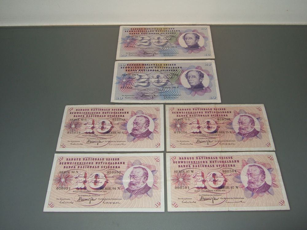 4 x 10er-, 2 x 20er-Franken-Noten, 1971 - 1976 (Gebraucht) in Mörschwil ...