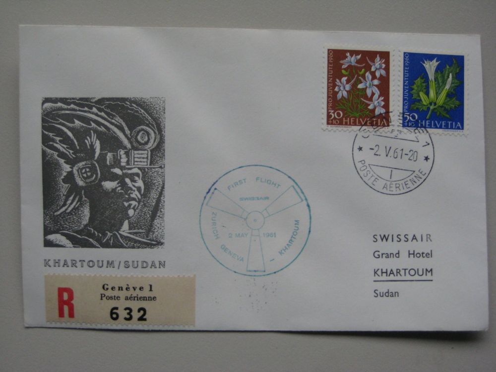 Erstflugbrief ZH/GENF/KHARTOUM 2.V.1961 (Neu (gemäss Beschreibung)) in Wangs für CHF 2 – mit ...