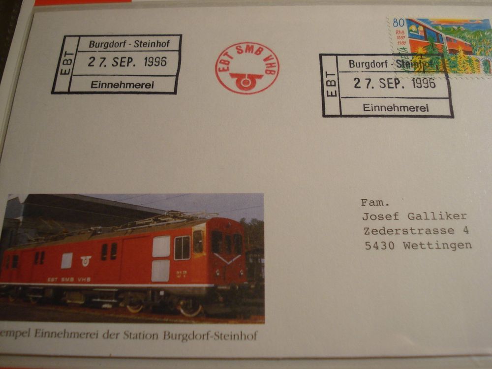 Eisenbahnbeleg 1996 EBT, o Burgdorf-Steinhof (Gebraucht) in Niederwil AG für CHF 1.1 – mit ...