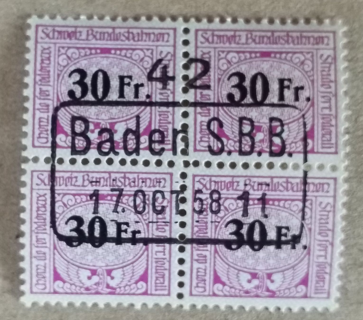MA44) 30Fr. Eisenbahnmarken im 4-Block Zentrumstempel Baden (Neu ...