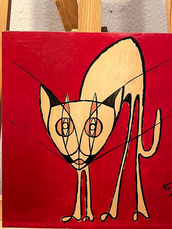 Katzenbild, Originalgemälde, 1970, Signiert, Einzigartig! (Gebraucht ...