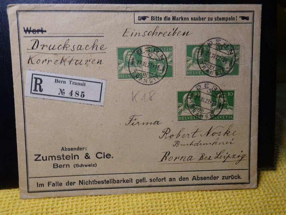 27.XI.27 2 KEHRDRUCKE K18, ZUMSTEIN, BERN NACH RORNA/LEIPZIG | Kaufen auf Ricardo