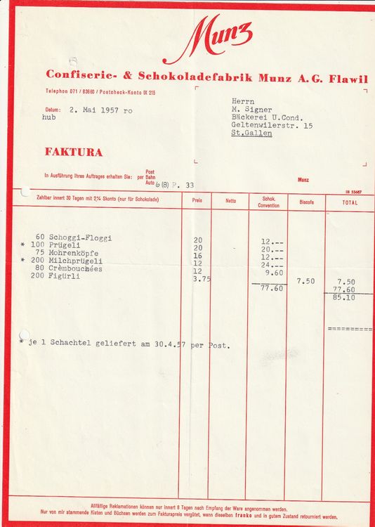 Rechnung Flawil 1957 Schokoladefabrik Munz (Gebraucht) in Rorschacherberg für CHF 4 – mit ...