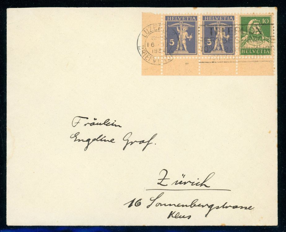 Beleg KZS: Z10 Luzern-Zürich, 1934 (Bogeneckrand) (Gebraucht) in Goldswil für CHF 22 – mit ...