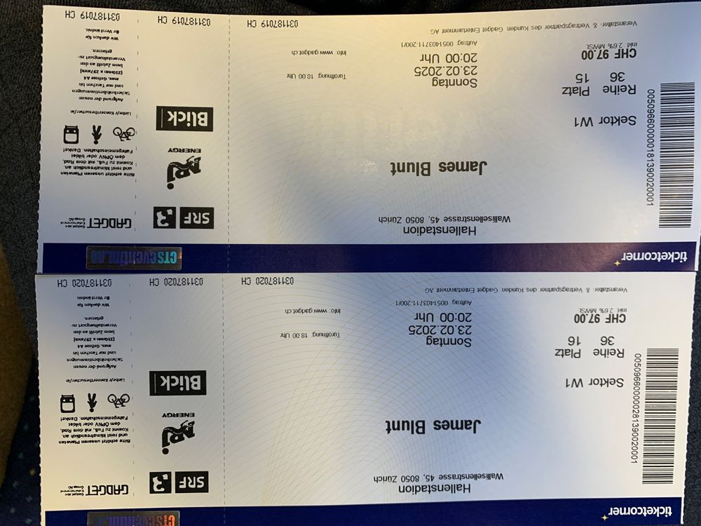 James Blunt Tickets (2x) Hallenstadion ZH (Gebraucht) in Horgen für CHF ...
