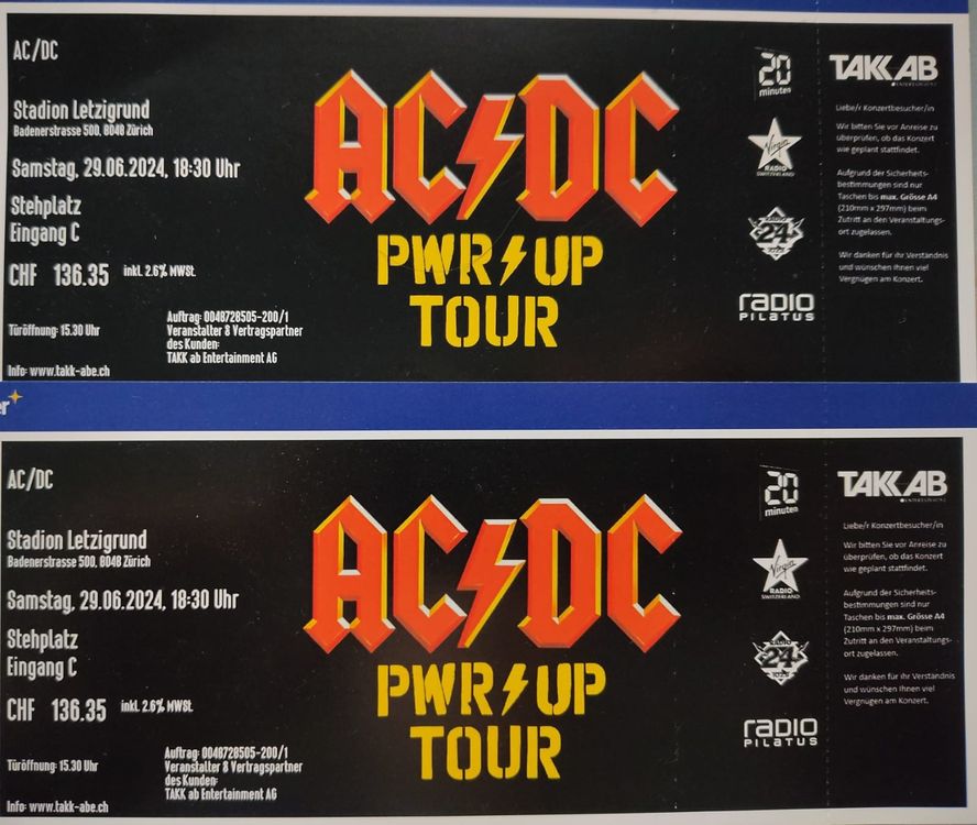 AC/DC Tickets Zürich 29.6 2x Stehplätze | Kaufen auf Ricardo
