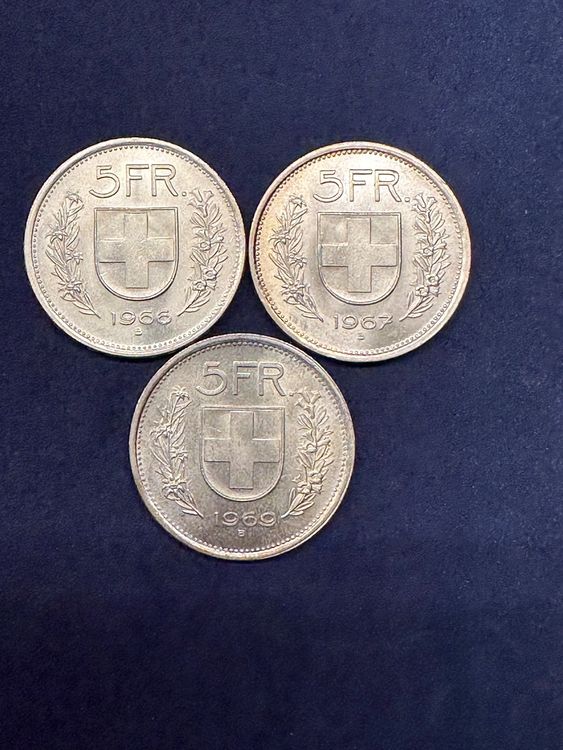 5 Franken 1966; 1967; 1969 silber, 835/1000 stgl (Neuf (Voir description)) à Biel-Benken BL pour ...