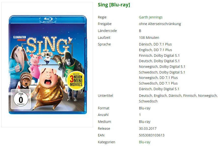Sing (Blu-ray) (Gebraucht) in Emmetten für CHF 7 – mit Lieferung auf Ricardo kaufen