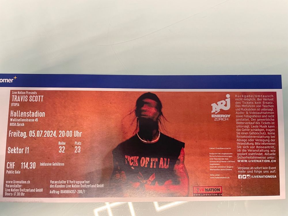 Travis Scott Sitzplatz Ticket 5.7.24 Zürich Hallenstadion (Neu (gemäss ...
