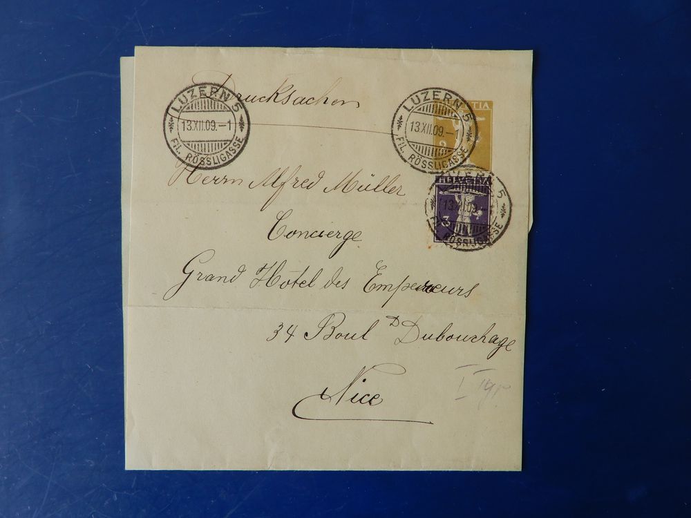 1909, 2 Rp Streifband + 3 Rp Tellknabe Typ I Luzern-Nice (Gebraucht) in Emmenbrücke für CHF 3.5 ...