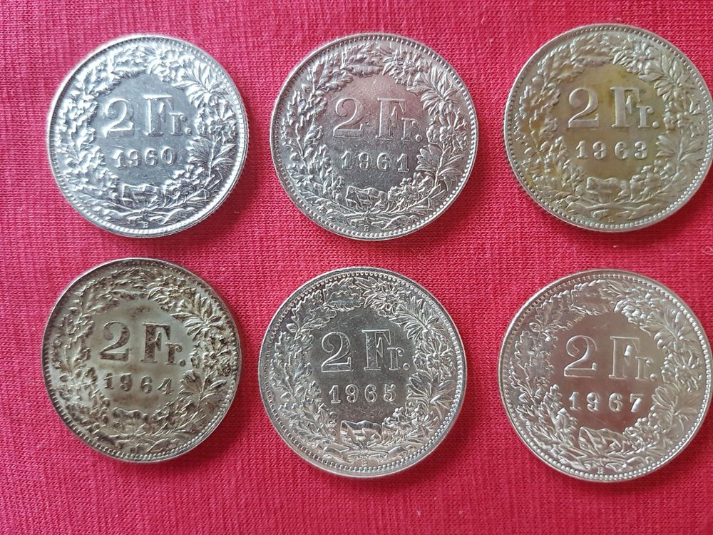 6 x 2 Fr Silbermünzen 1960 bis 1967 komplette Serie ab 1 Fr (Gebraucht) in Camignolo für CHF 33 ...