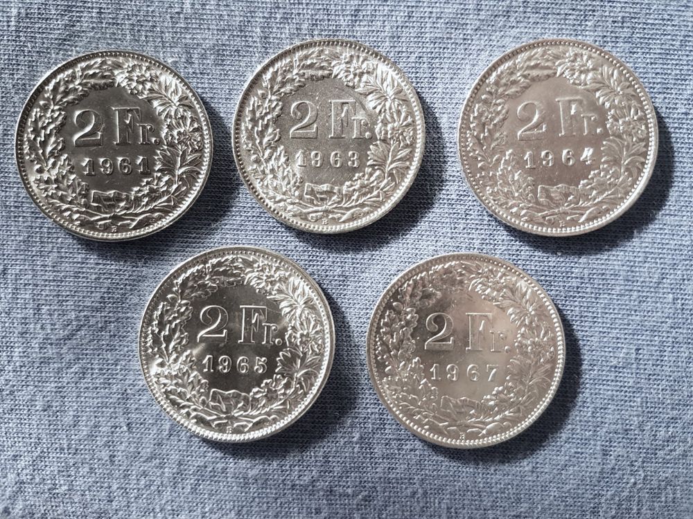 5 x 2 Fr schöne Silberm. 1961 bis 1967 kompl. Serie ab 1 Fr! | Acheter sur Ricardo