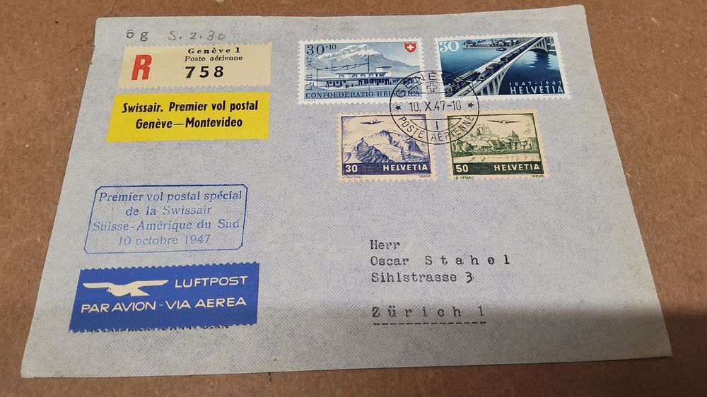 Schweizer Luftpost Brief Rarität, Erstflug Suisse 1947 (Gebraucht) in Herisau für CHF 9.8 – mit ...