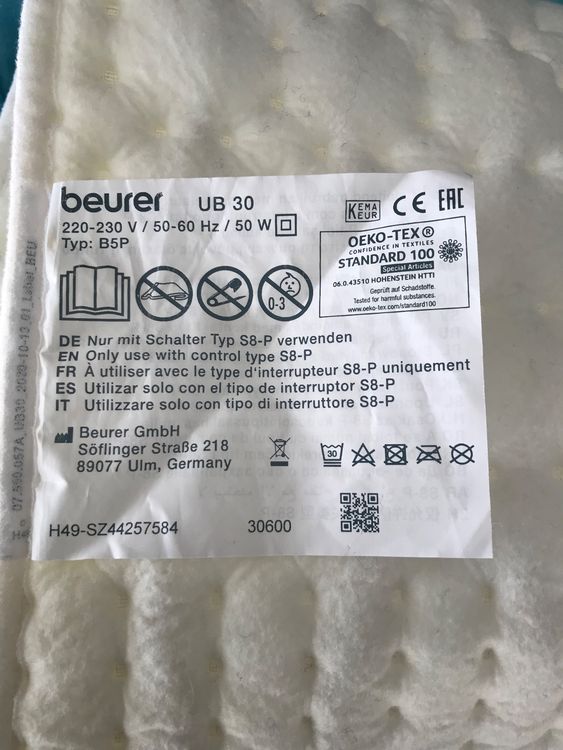 Beurer UB 30 Wärmeunterbett 122x71 cm Wärmeunterlage (Gebraucht) in Niederteufen für CHF 19.9 ...