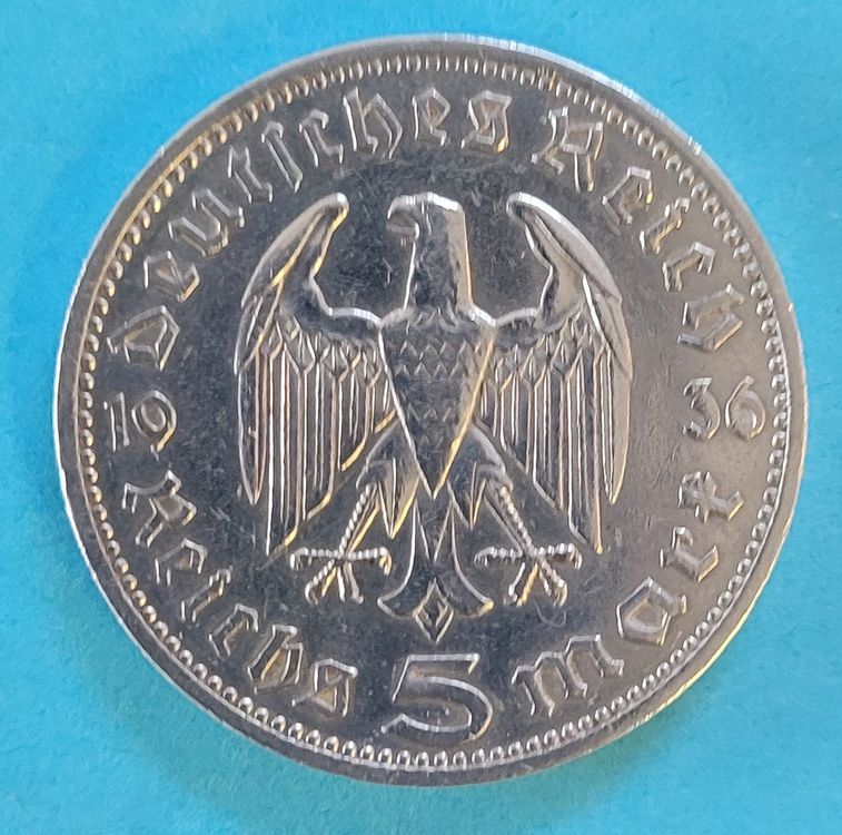 5 ReichsMark 1936 A Silber "Nazi-Deutschland" TopErhaltung (Gebraucht) in Oberriet SG für CHF 13 ...