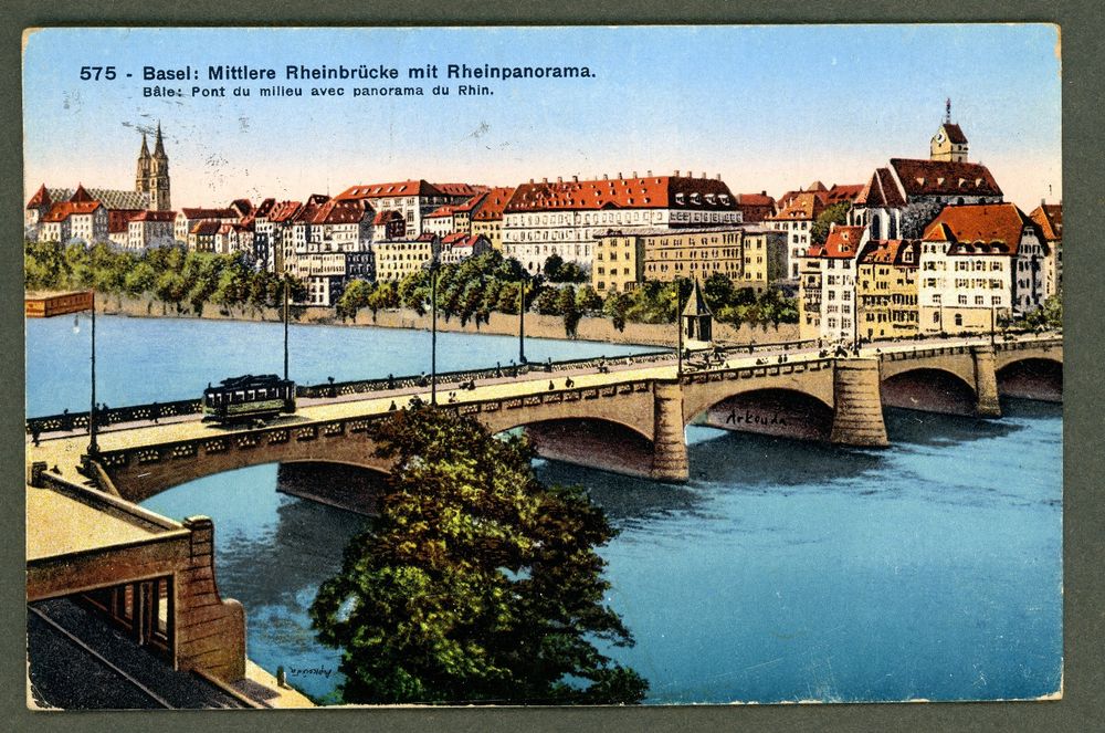 AK farbig Basel Mittlere Rheinbrücke_Martinskirche,≈ 1928 | Kaufen auf Ricardo