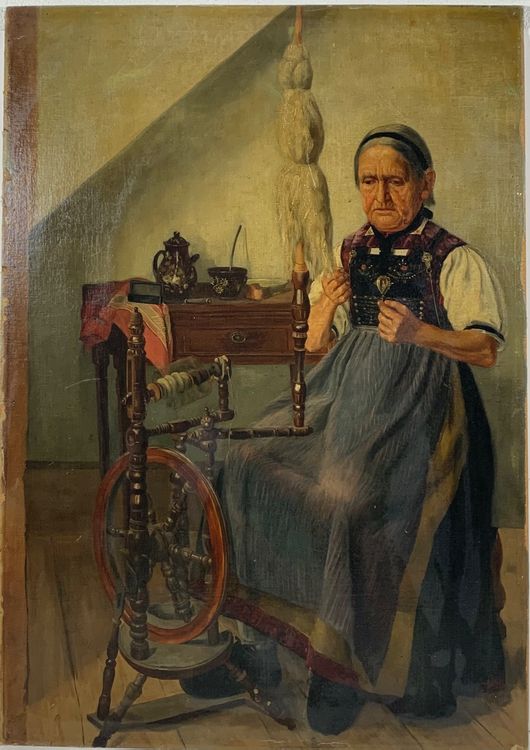 Antikes Gemälde Grossmutter am Spinnrad | Kaufen auf Ricardo
