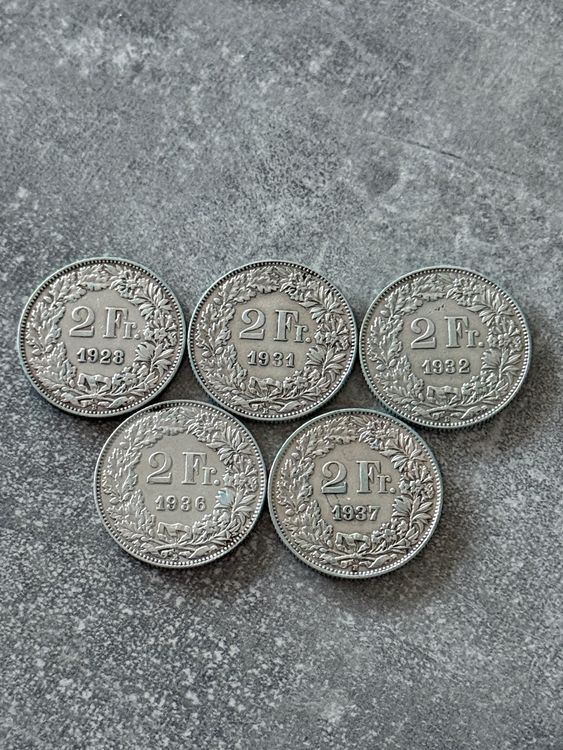 5 x 2 Franken 1928 - 1937 Silber Rar (Gebraucht) in Wallisellen für CHF 45 – mit Lieferung auf ...