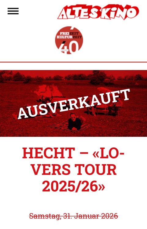 Stehplatz Hecht Konzert 31.1.26 im alten Kino Mels (Neu und ...