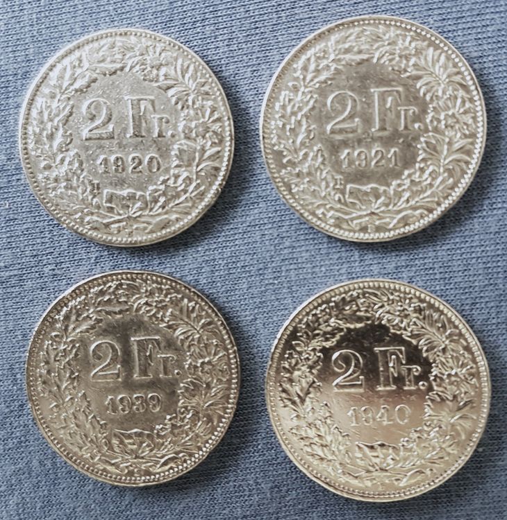 4 x 2 Fr Silbermünzen 1920-1921-1939-1940 ab nur 1 Franken (Gebraucht) in Camignolo für CHF 23 ...