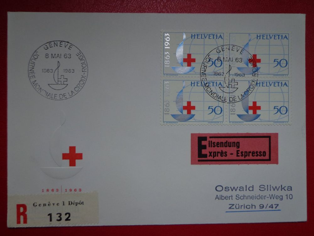 FDC Brief 1963 4erBlock Rote Kreuz, Bloc de 4 Croix-Rouge (Gebraucht) in Le Locle für CHF 1 ...