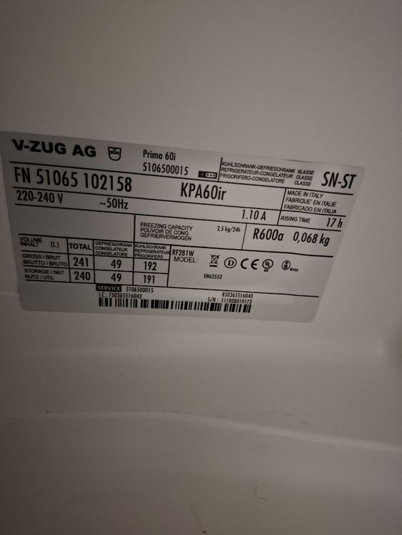 V-Zug Kühlschrank Prima, KPA60Ir, Top Zustand, Abholbereit (Gebraucht ...