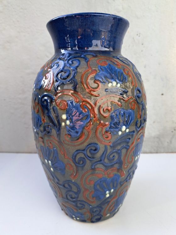 Schöne Vase Keramik blau Blumenmuster signiert Jugendstil (Gebraucht ...