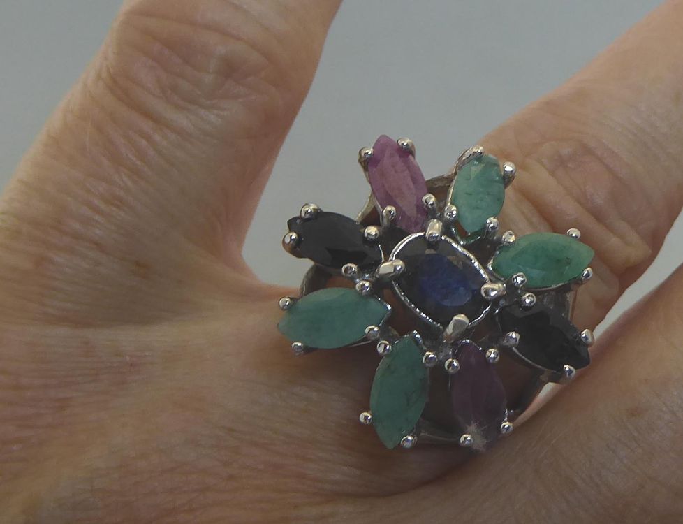 Ring 925 mit echten Smaragden, Rubliten und Spinellen (Gebraucht) in ...