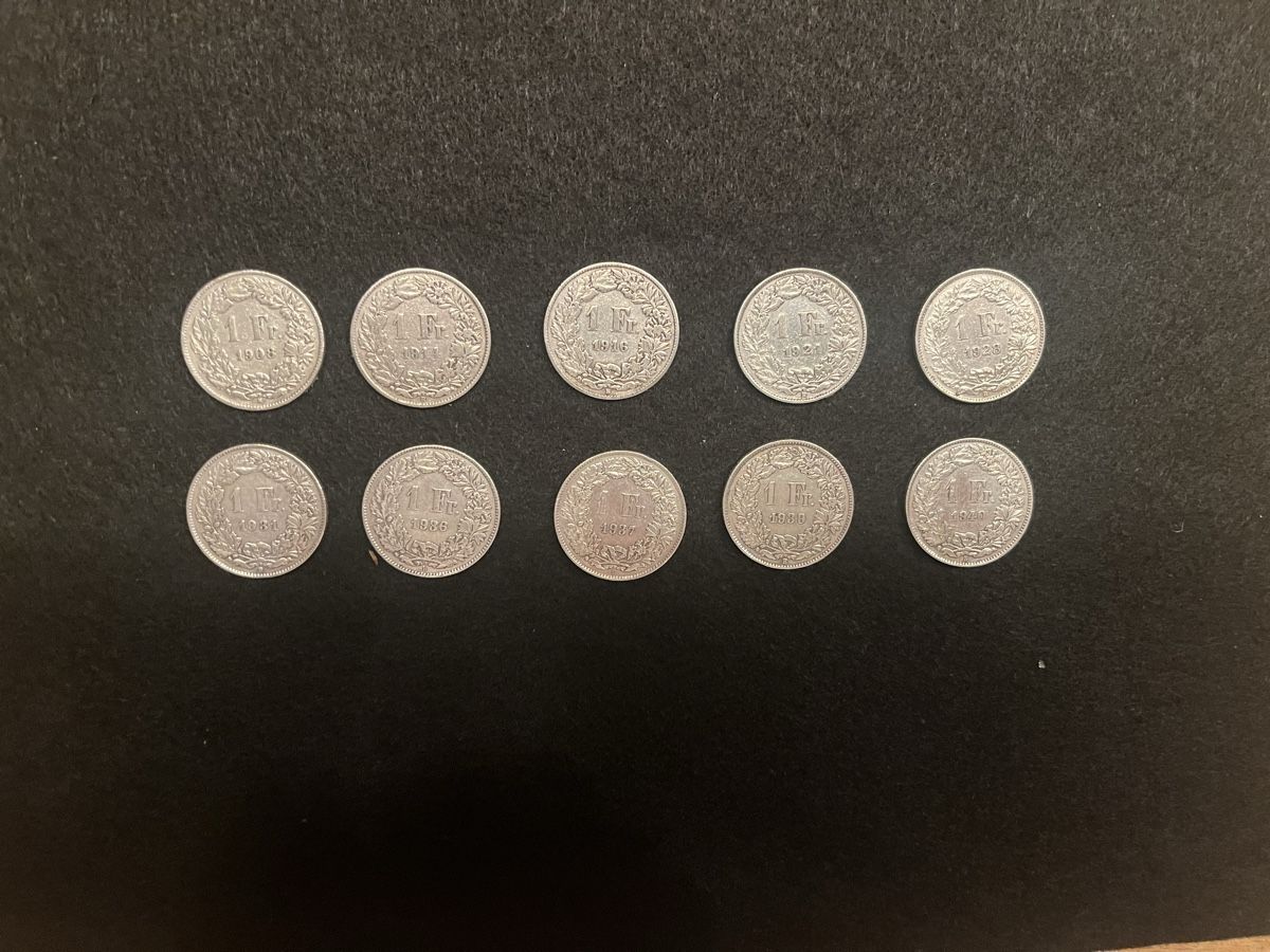 10 silberne 1 Fr.verschiedene Jahre 1908 bis1940 (Gebraucht) in Rikon ...