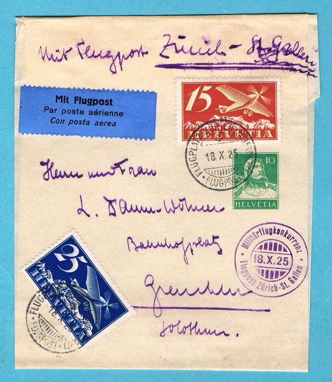 Flugpost Zürich-St.Gallen 18.X.25 auf Streifband WE 10 Rp.! (Gebraucht ...
