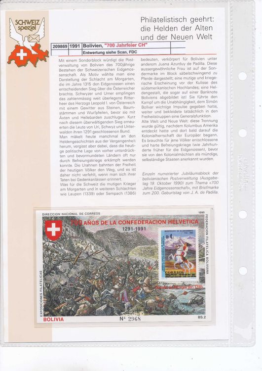 1991 Bolivien, "700 Jahrfeier der Schweiz" (Neu (gemäss Beschreibung)) in Winterthur für CHF 2.5 ...