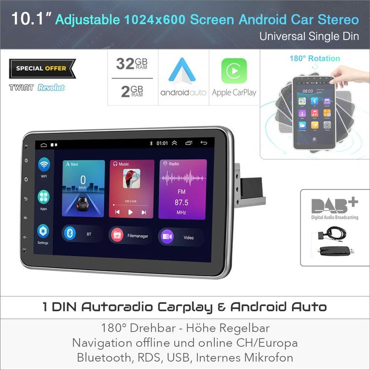 1 DIN Autoradio DAB Carplay 10 Zoll 32GB 2GB Fortwo Ducato (Neu und originalverpackt) in Chiasso ...