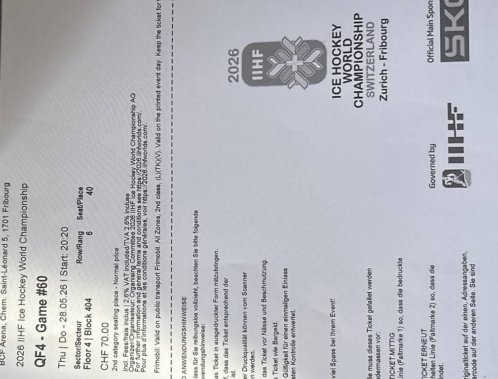 Billet match Quart de final 28.05.2026 20h20 Fribourg (Gebraucht) in ...