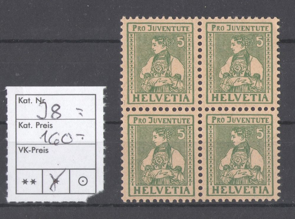 CH - Pro Juventute - Zst. Nr. J8 im 4er Block ** (Gebraucht) in Rombach für CHF 16 – mit ...