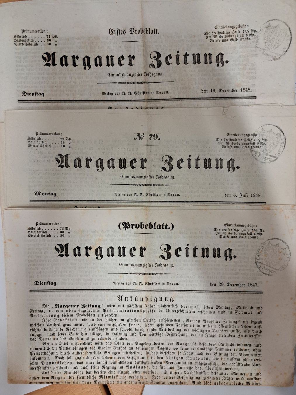 Aargauer Zeitung (3 Exemplare 1847/48) (Gebraucht) in Kuessnacht am ...